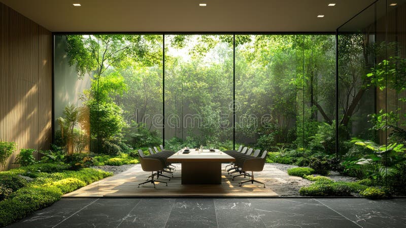 A Modern Conference Room with Transparent Walls, Surrounded by Lush ...