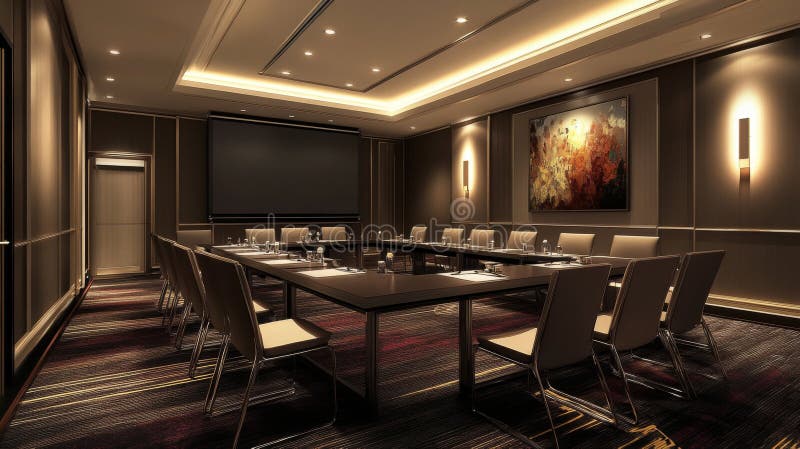 Modern Conference Room with U-Shaped Table and Projector Screen Stock ...