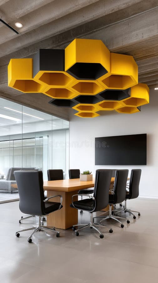 Modern Conference Room with Unique Yellow Honeycomb Ceiling Design ...
