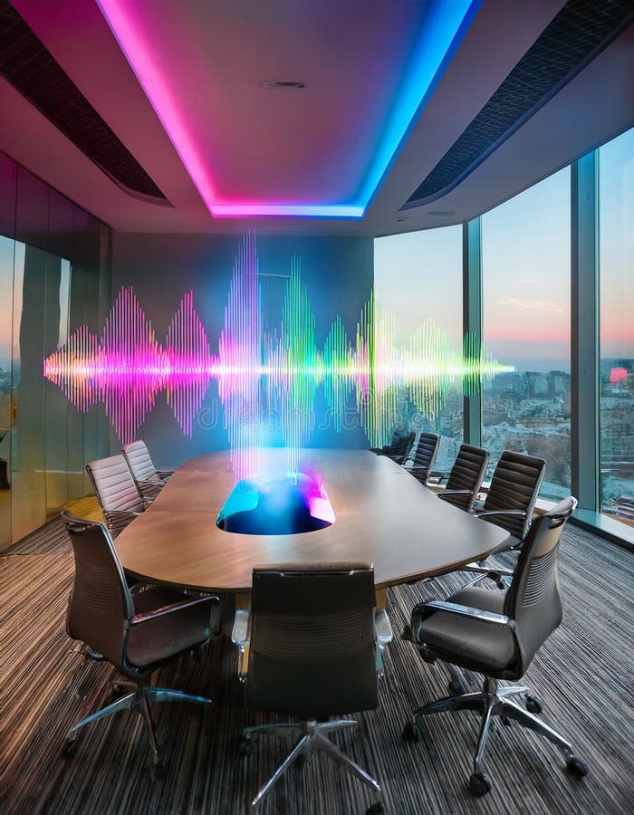Modern Conference Room with a Virtual Assistant Hologram, Sound Waves ...