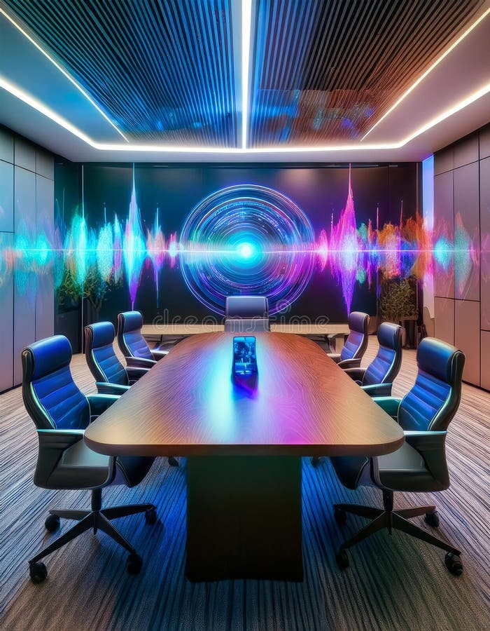 Futuristic Conference Room with a Virtual Assistant Hologram, Sound ...