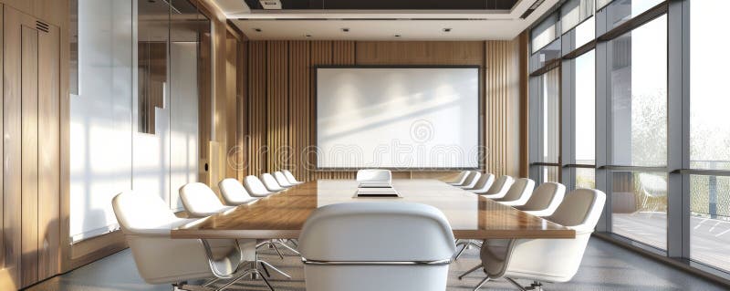 Modern Conference Room with Wooden Accents and Large Windows Stock ...