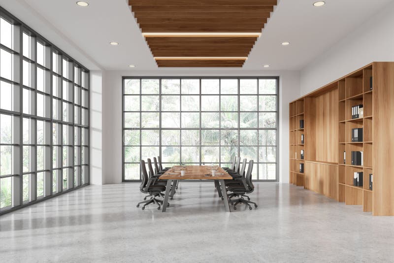 Modern Conference Room with Wooden Elements and Large Windows. 3D ...