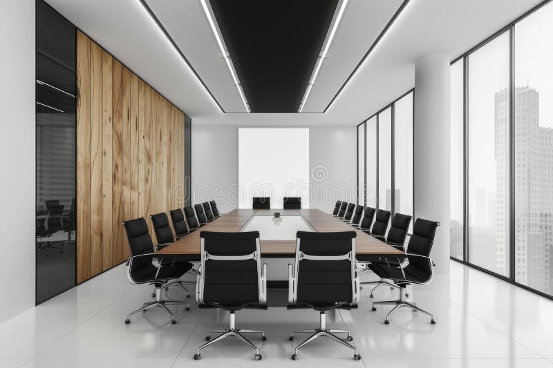 Modern Conference Room with Wooden Panels and Plants. Stock Image ...
