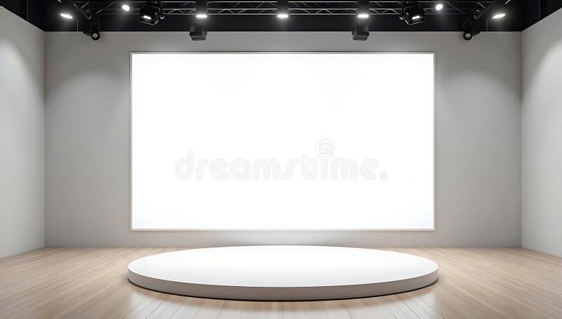 Modern Conference Stage with Large Blank Screen in a Hall. Circular ...