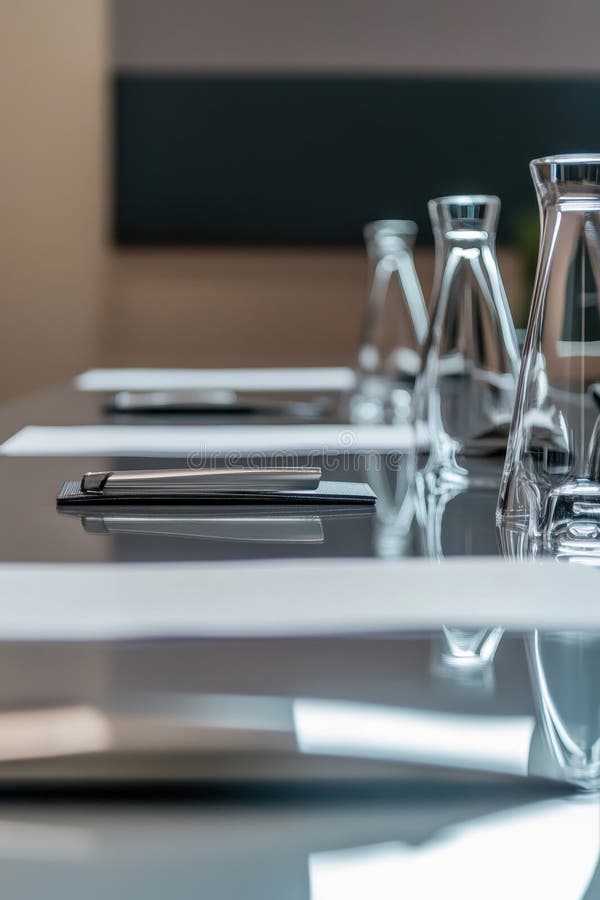 Modern Conference Table Setup with Notepad and Water Glasses. Stock ...
