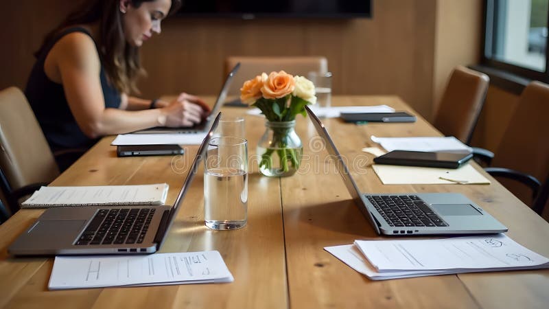 Modern Conference Table Setup Stock Image - Image of tablet, table ...