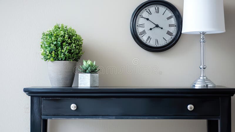 Modern Console Table Decor with Plants and Clock Stock Illustration - Illustration of numerals ...