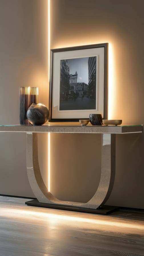 Modern Console Table with Integrated Lighting and Stylish Decor Stock ...
