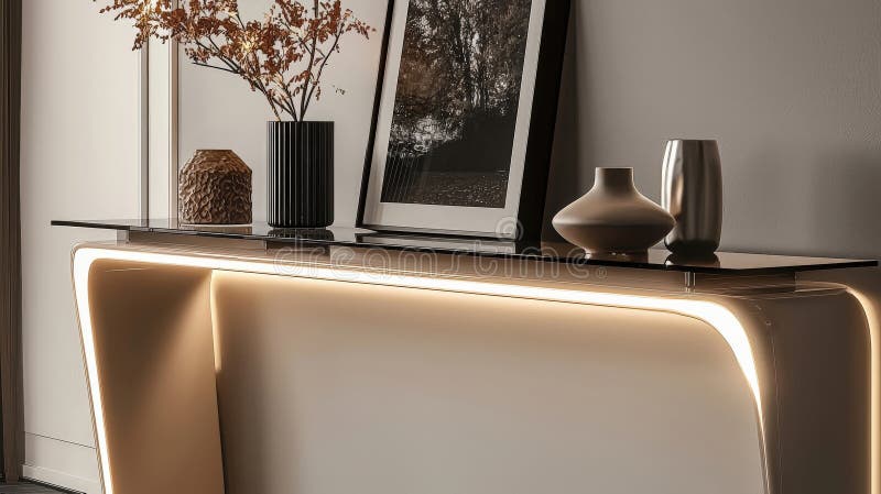 Modern Console Table with LED Lighting and Decor Stock Illustration ...