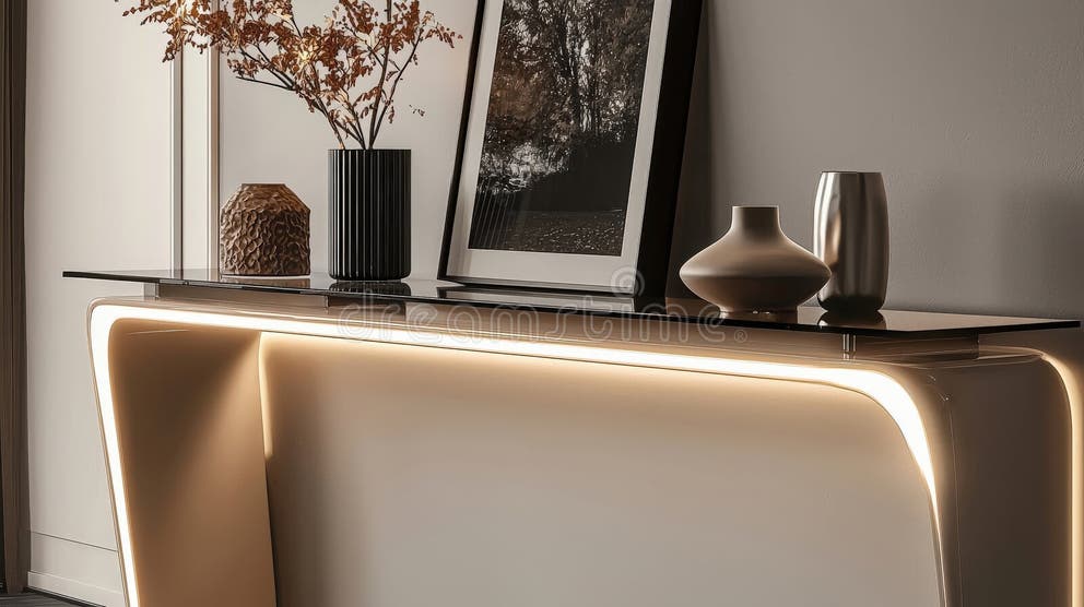 Modern Console Table with LED Lighting and Decor Stock Illustration ...