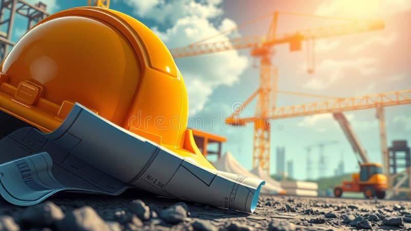 Modern Construction Project Illustration Blueprint Crane Excavator and ...