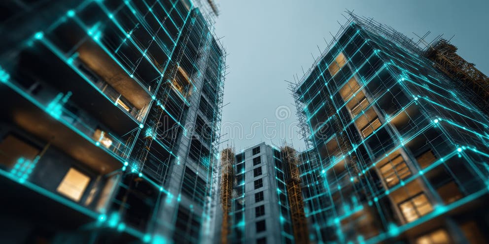 Modern Construction Site with Digital Overlay Graphics Representing ...