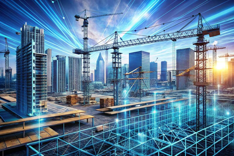 Modern Construction Site with Futuristic Digital Elements and Tower ...