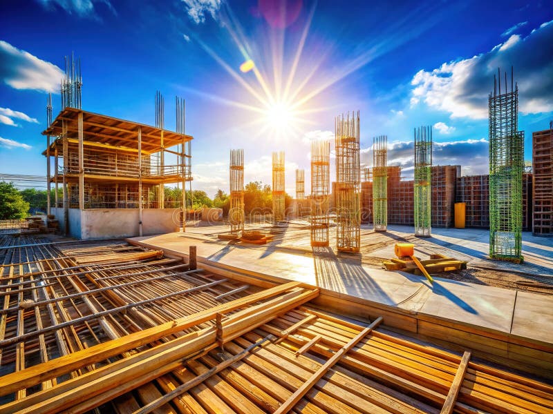 Modern Construction Site in Progress a Daytime View of Rebar Concrete ...