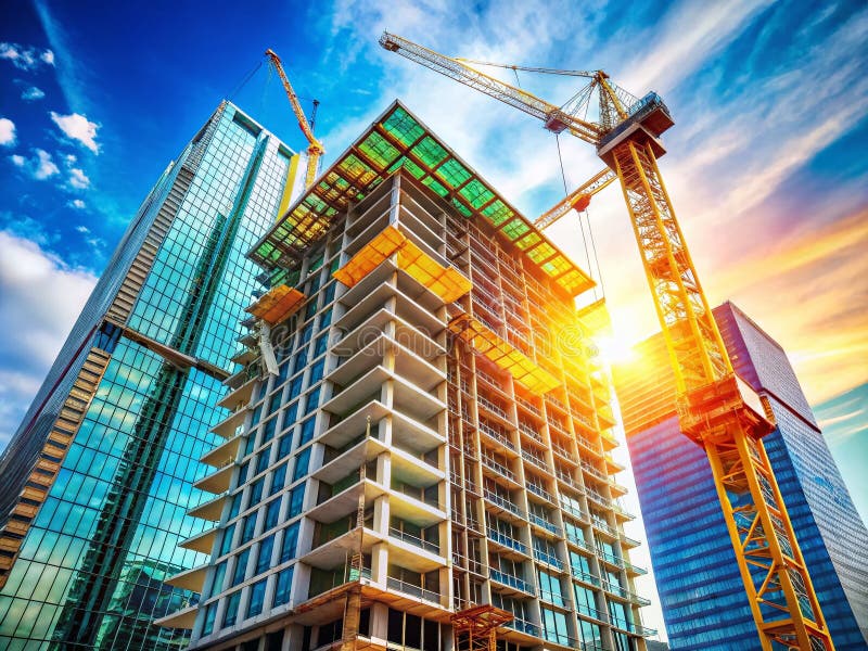 Modern Construction Site Towering Crane and Rising Structure Showcase ...