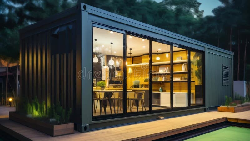 Modern Container House with Large Windows Illuminating a Cozy Interior ...