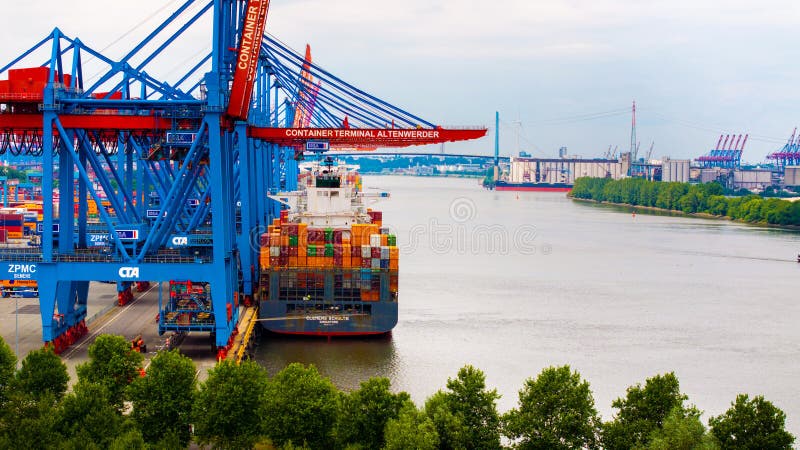 A Modern Container Ship is Unloading in the Port of Hamburg Editorial ...