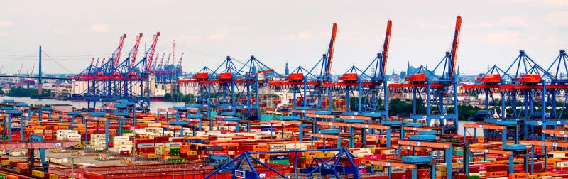 A Modern Container Ship is Unloading in the Port of Hamburg Panorama ...
