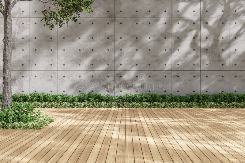 Modern Contemporary Empty Wooden Terrace with Blank Concrete Wall 3d ...