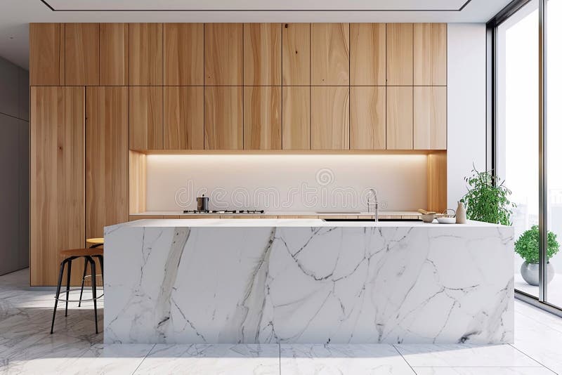 Modern Contemporary Kitchen White and Wood Interior Design Stock ...