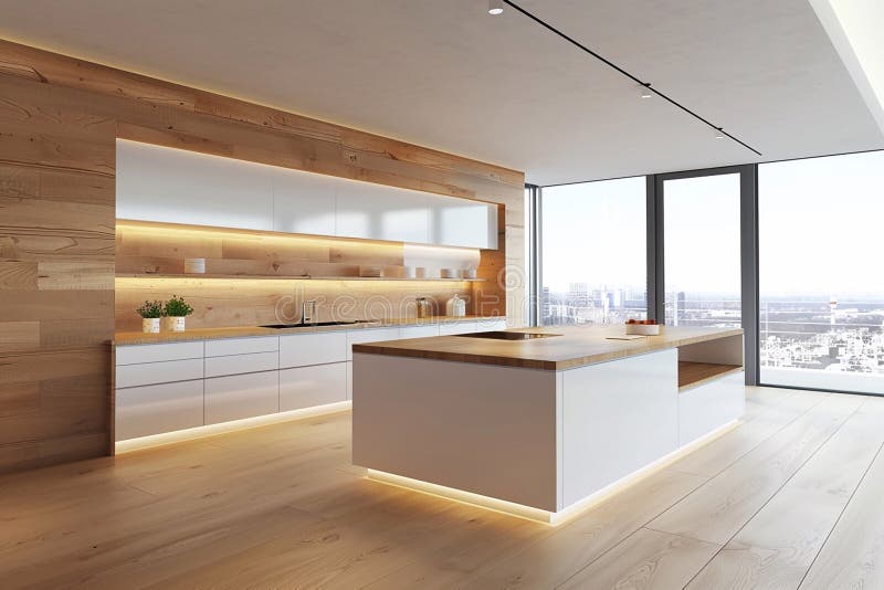 Modern Contemporary Kitchen White and Wood Interior Design Stock ...