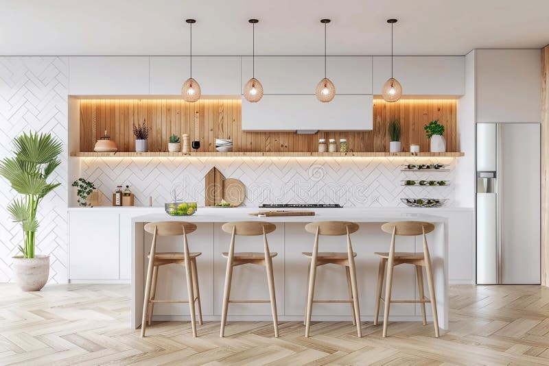 Modern Contemporary Kitchen White and Wood Interior Design Stock ...