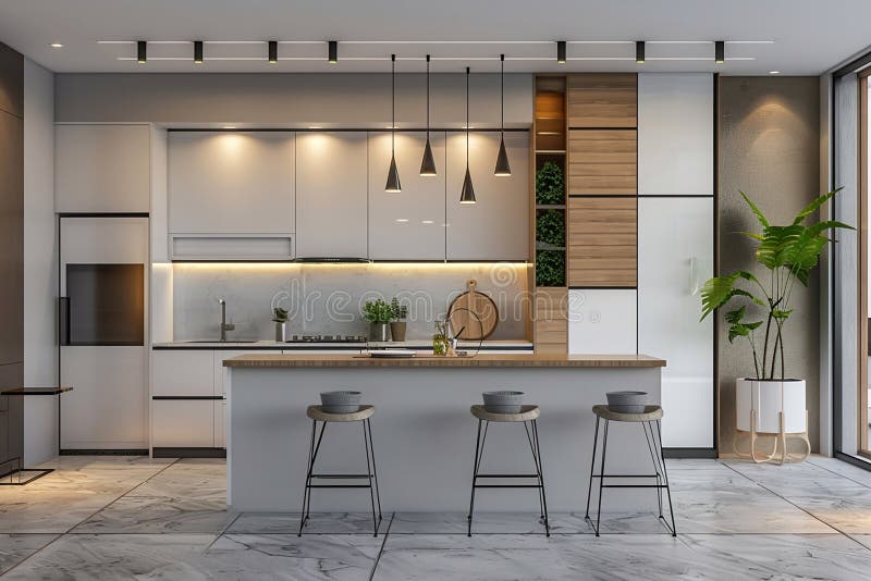 Modern Contemporary Kitchen White and Wood Interior Design Stock ...