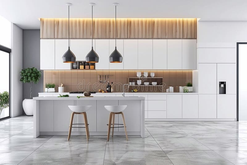 Modern Contemporary Kitchen White and Wood Interior Design Stock ...