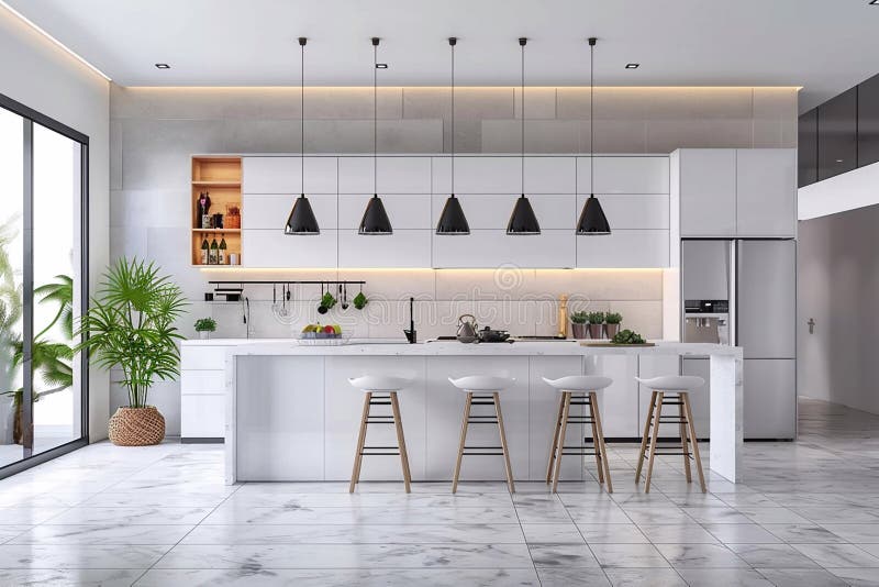 Modern Contemporary Kitchen White and Wood Interior Design Stock ...