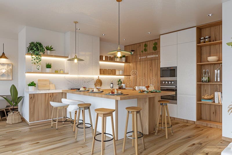 Modern Contemporary Kitchen White and Wood Interior Design Stock ...