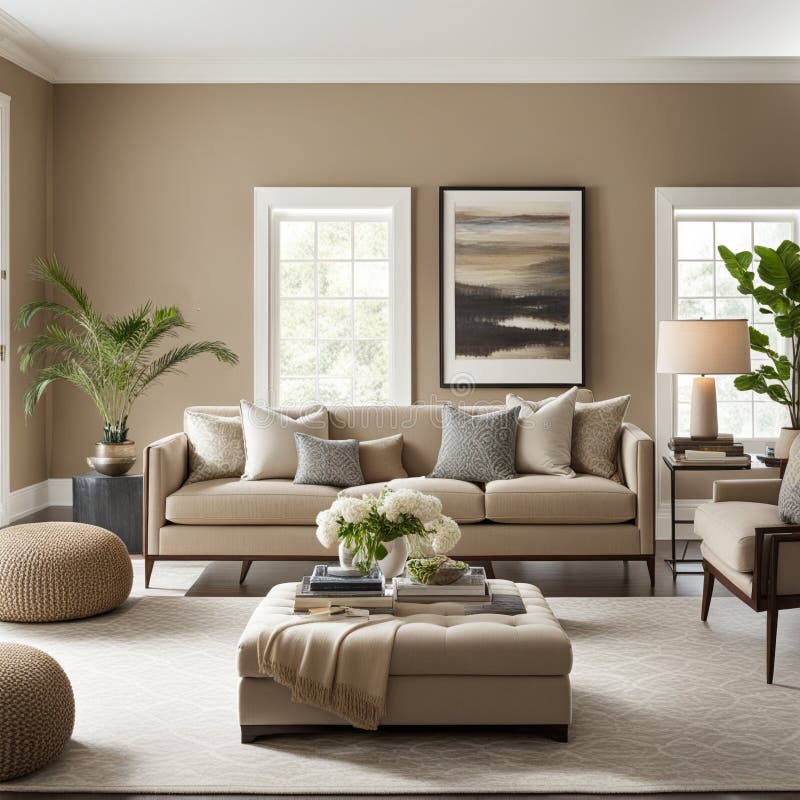Modern Contemporary Living Room Tan Wall,interior Design Stock ...