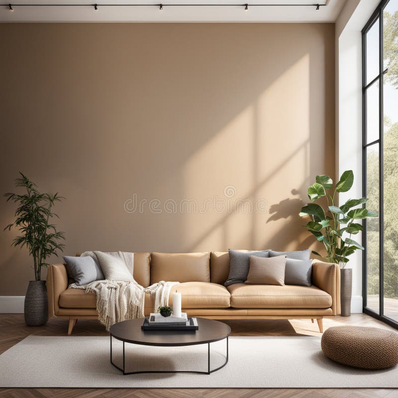 Modern Contemporary Living Room Tan Wall,interior Design Stock ...