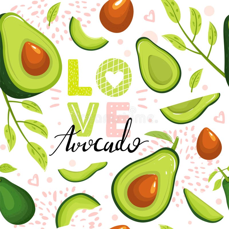 Modern Contemporary Seamless Pattern with Avocado Fruits, Lettering ...