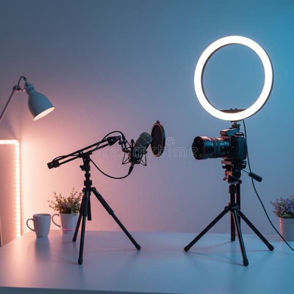 A Modern Content Creation Setup Featuring a DSLR Camera on a Tripod ...