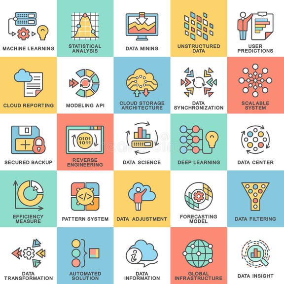 Modern Contour Icons Database Processing Methods of Data. Stock Vector - Illustration of ...
