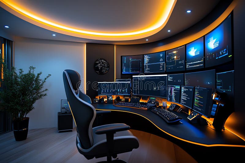 Modern Control Center with Multiple Screens and Futuristic Lighting ...