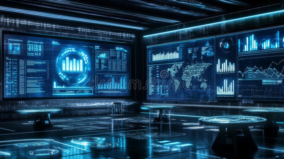 A Modern Control Hub with Holographic Displays Presenting Comprehensive ...