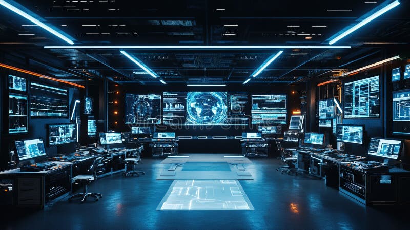 Modern Control Room with Advanced Technology Displaying Data Analysis and Digital Interfaces ...