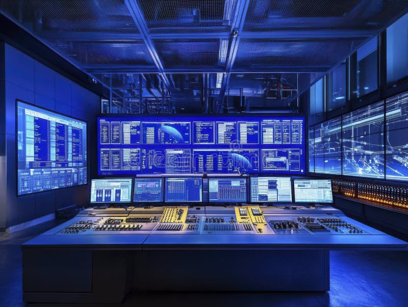 Modern Control Room with Blue Data Displays and Central Console Stock ...