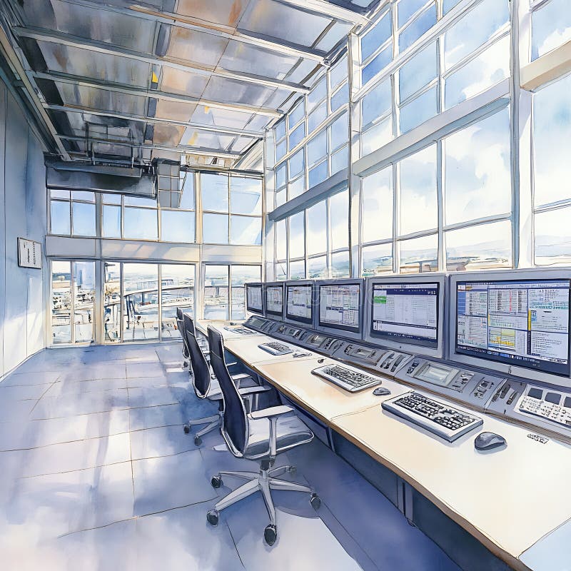 Modern Control Room with Computer Monitors and Wide Windows Stock ...
