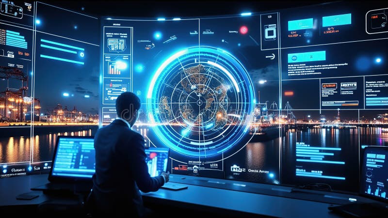 Modern Control Room with Data Visualization and Urban Background Stock ...