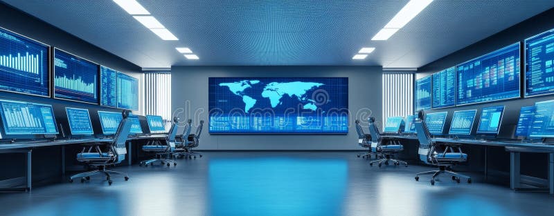 A Modern Control Room with Digital Monitors and a Holographic Interface ...