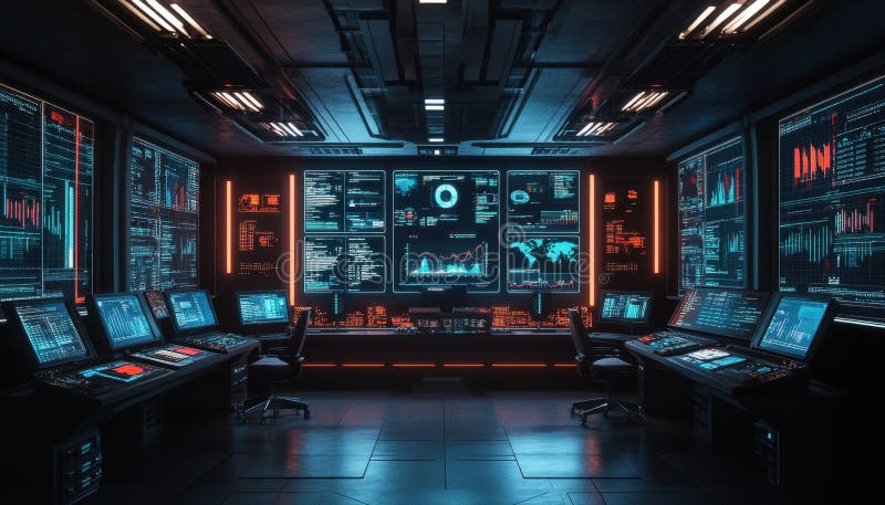 Futuristic Control Room with Digital Displays and Glowing Interfaces at ...