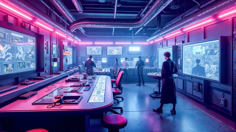 High-tech Control Room at Night with Multiple Screens Displaying Data ...