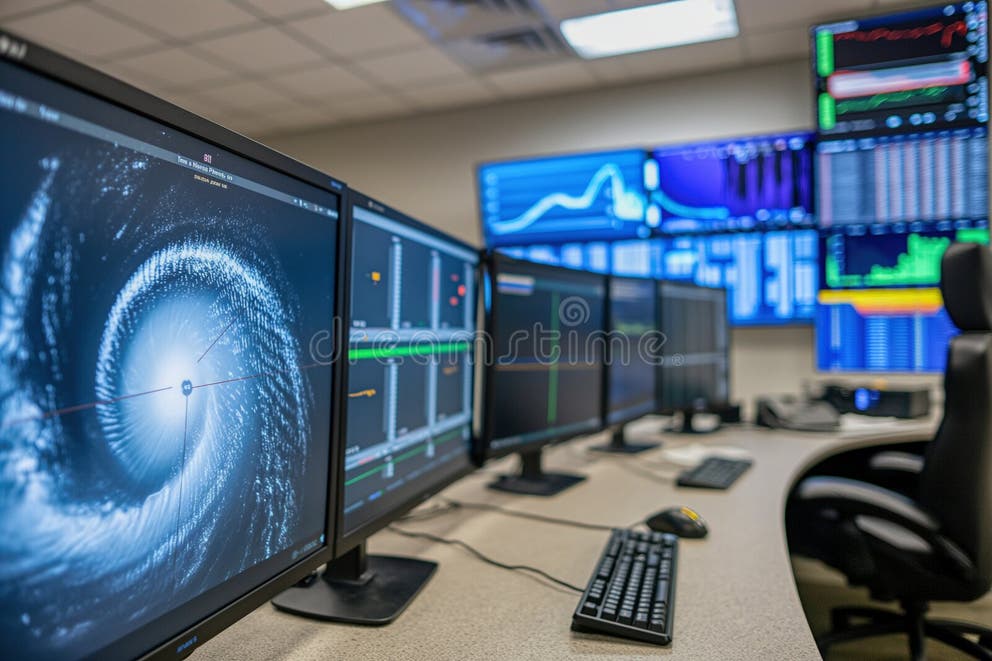 High-tech Control Room with Multiple Screens Displaying Data Analytics and Cybersecurity ...