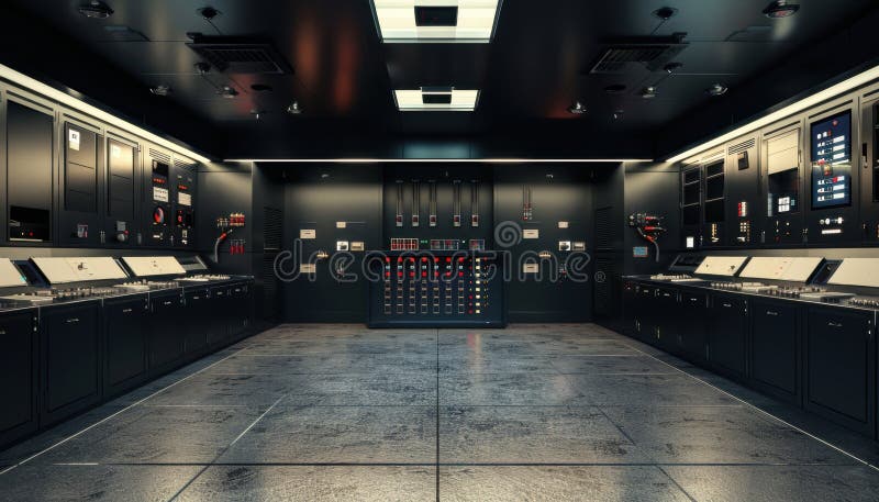 Modern Control Room Interior with Dark Walls and Multiple Control ...