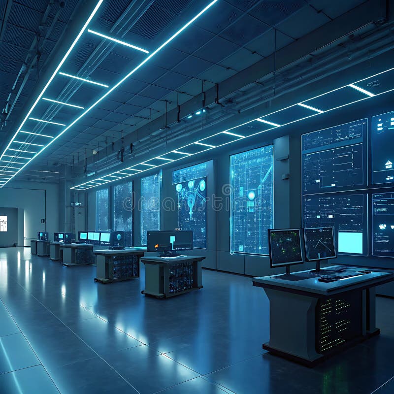 Modern Control Room Interior with Multiple Computer Screens Displaying Data Visualization and ...