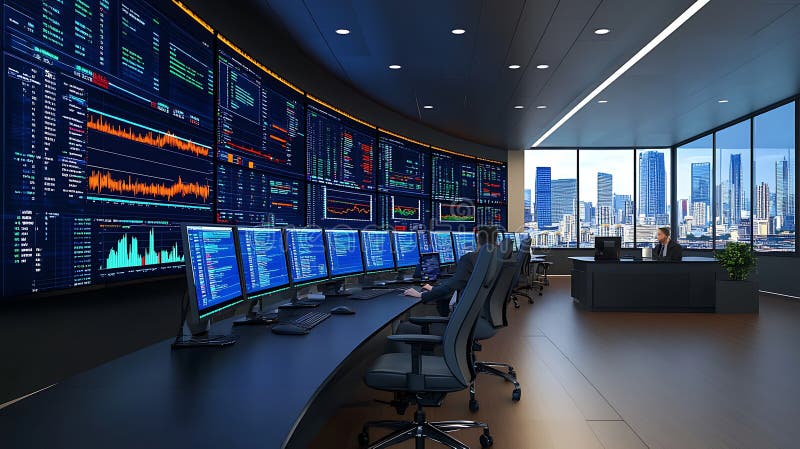Modern Control Room with Multiple Screens and World Map Display Stock Illustration ...