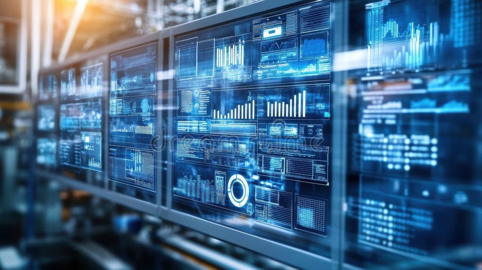 Modern Control Room Monitoring System Showing Various Data and Charts on Multiple Screens Stock ...
